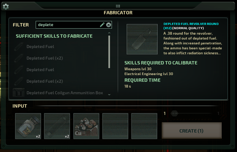 Depleted fuel revolver rounds has different fabrication materials in-game than defined in the ...