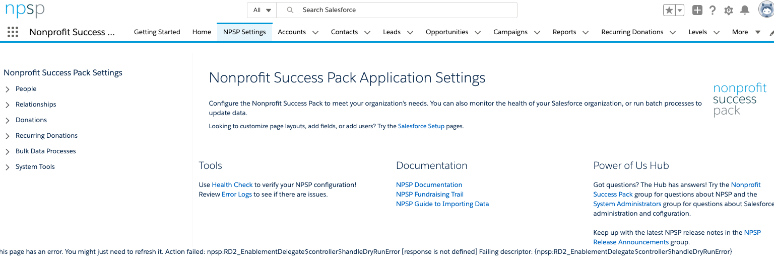 Error visible in NPSP Settings- npsp:RD2_EnablementDelegate$controller$handleDryRunError · Issue ...