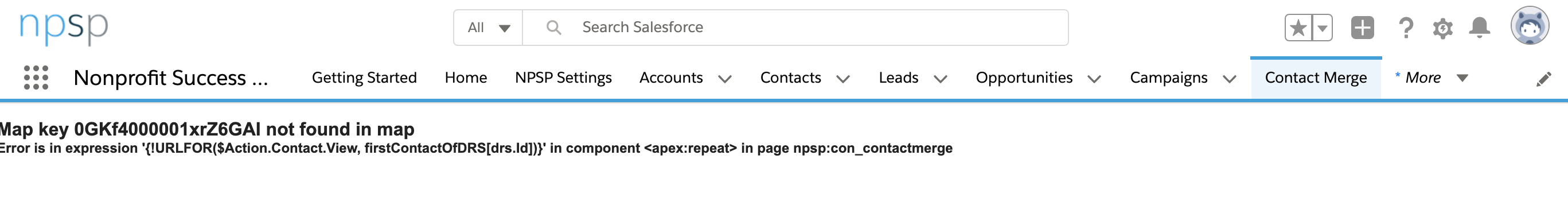 "See Duplicate Contact" option on NPSP Contact Merge shows error: Map key not found in map ...