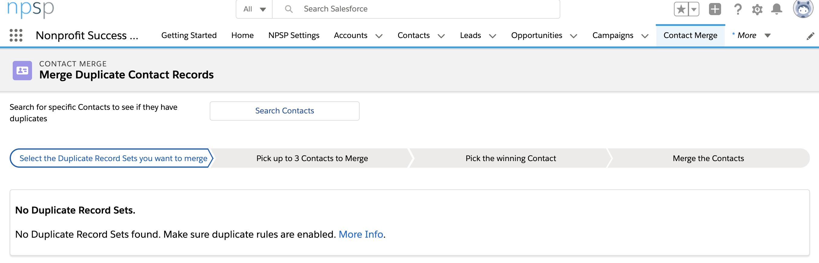 "See Duplicate Contact" option on NPSP Contact Merge shows error: Map key not found in map ...