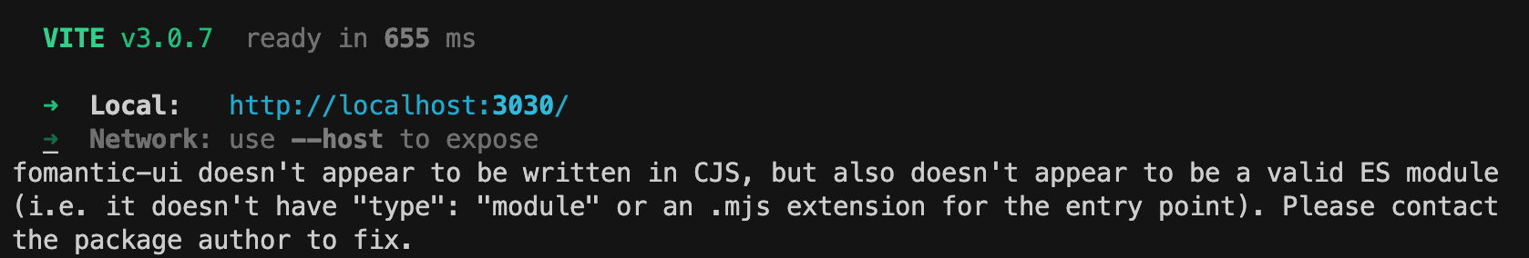 fomantic-ui doesn't appear to be written in CJS, but also doesn't appear to be a valid ES module ...