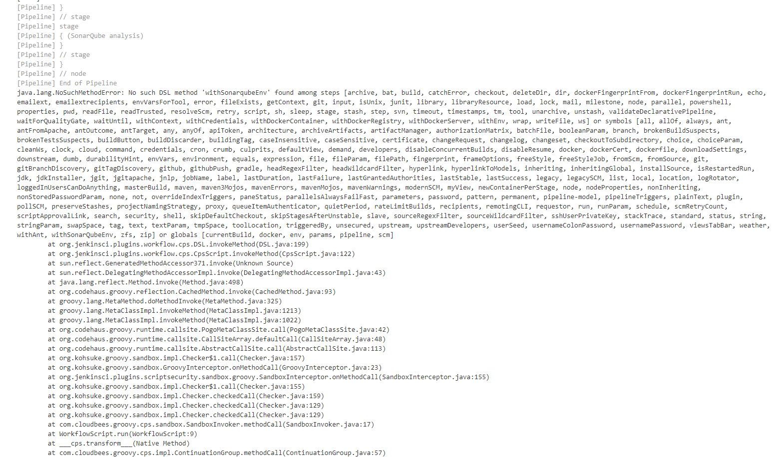 error in pipeline job for sonar analysis java.lang.NoSuchMethodError: No such DSL method ...