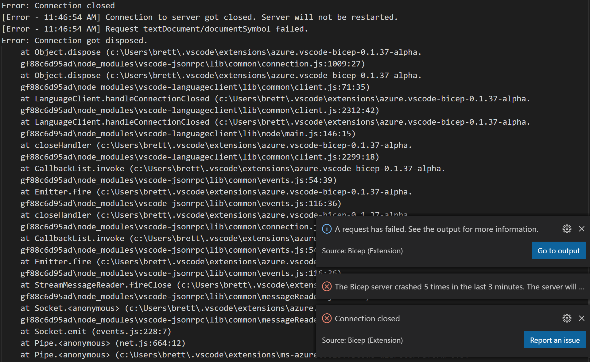 Bicep Vs Code Extension Crashing · Issue 626 · Azurebicep · Github 