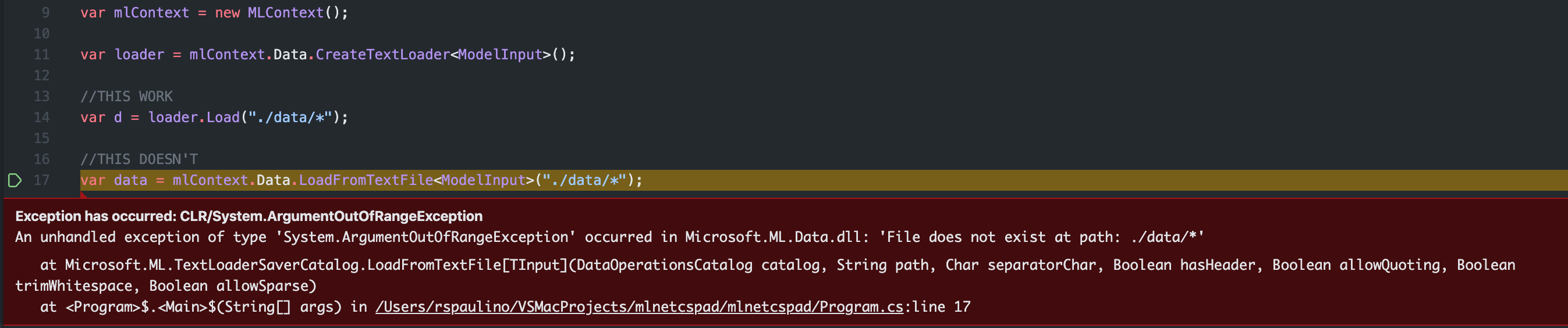 LoadFromTextFile ("./data/*") - System.ArgumentOutOfRangeException: File does not exist at path ...