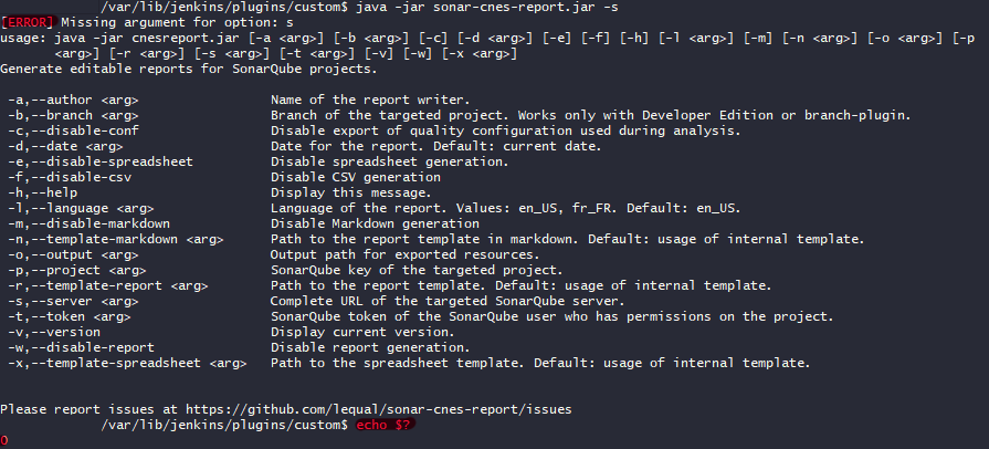 Return value is 0 on missing argument error · Issue #113 · cnescatlab/sonar-cnes-report · GitHub