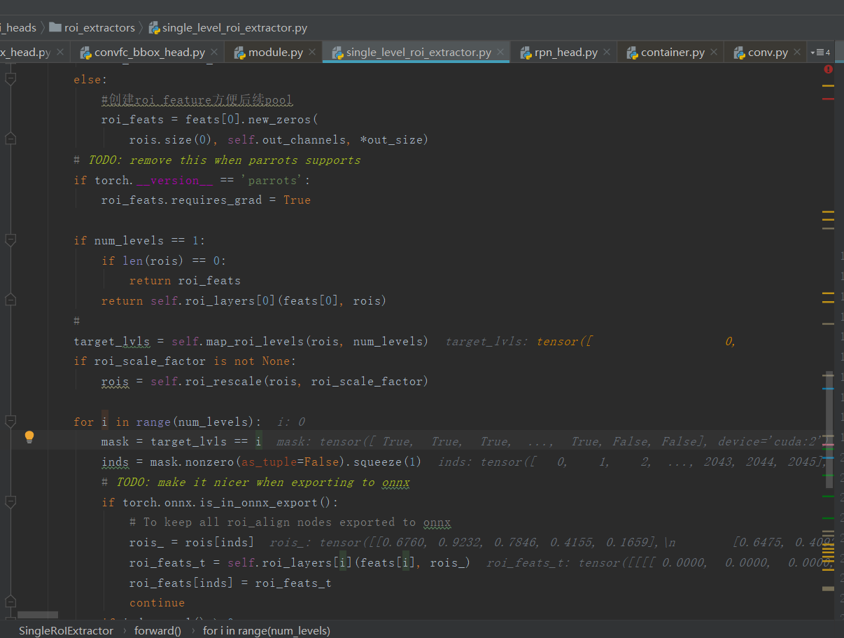 why the input of single_level_roi_extractor roi extractor parameters rois.shape=(2048,5) while ...