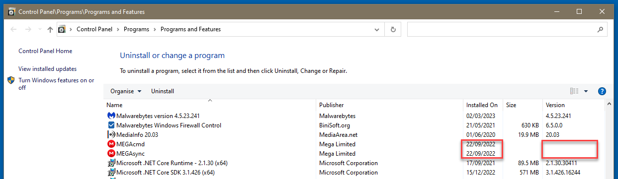 Install Date And Version Number Not Updated In Programs And Features Affects Both Megasync And