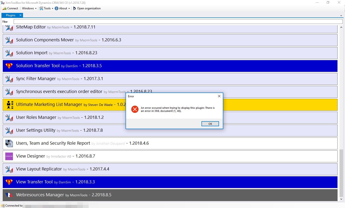 An error occured when trying to display this plugin: There is an error in XML document (1, 40 ...