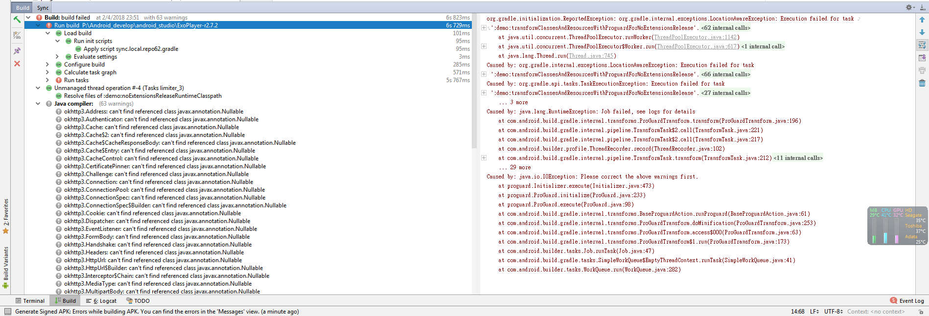Unable to (1) add okhttp as a gradle dependency to the demo application, and (2) build exoplayer ...