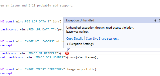 Unhandled exception thrown: read access violation. base was nullptr. · Issue #1 · skadro ...
