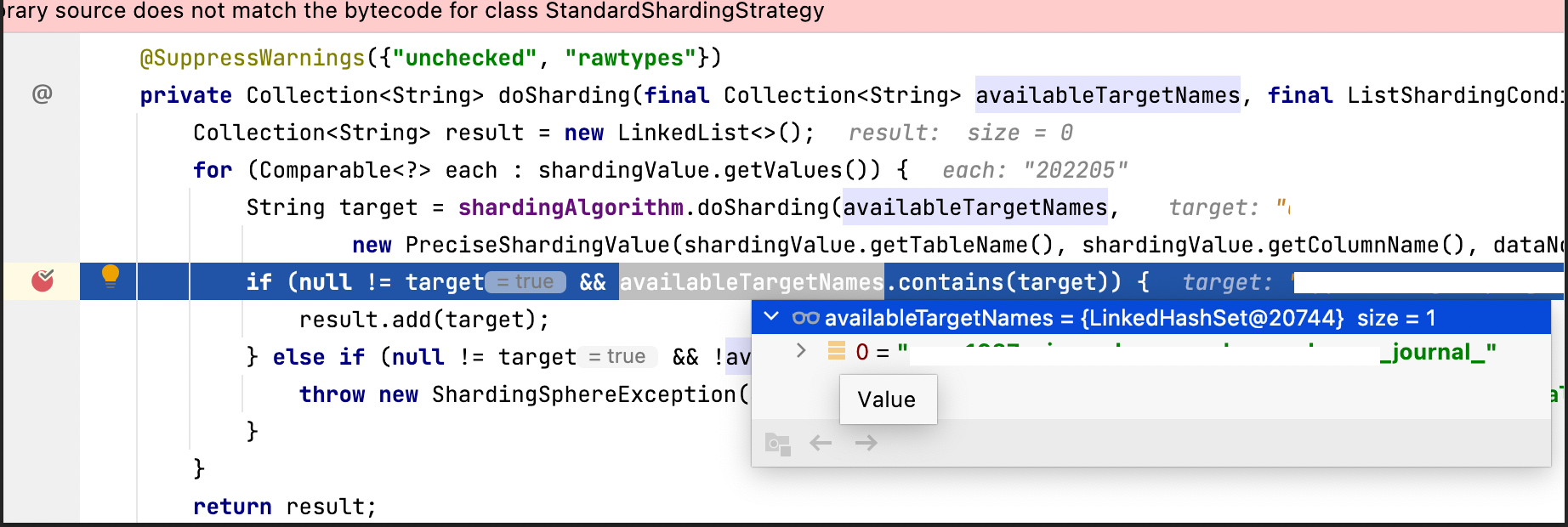 ShardingSphereException: Route table xxx_journal_202205 does not exist, available actual table ...