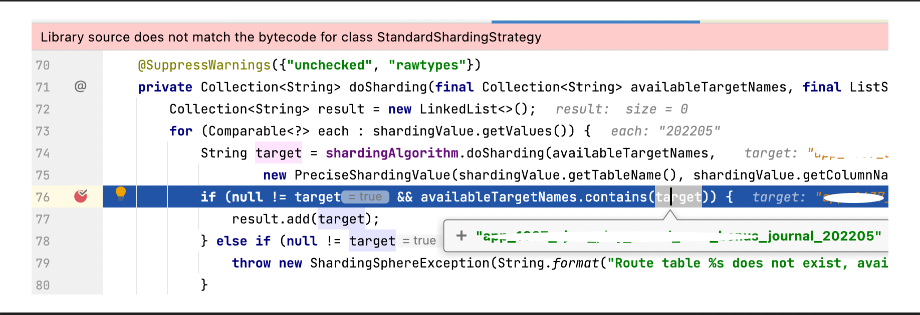 ShardingSphereException: Route table xxx_journal_202205 does not exist, available actual table ...