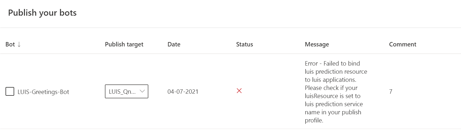 Publish to WebApp Bot with LUIS fails with error - "Failed to parse azure account information ...