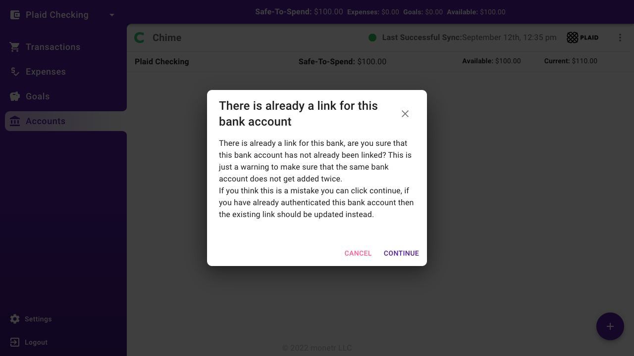bug(plaid): Cannot link a new Plaid account after having updated an existing one. · Issue #1025 ...