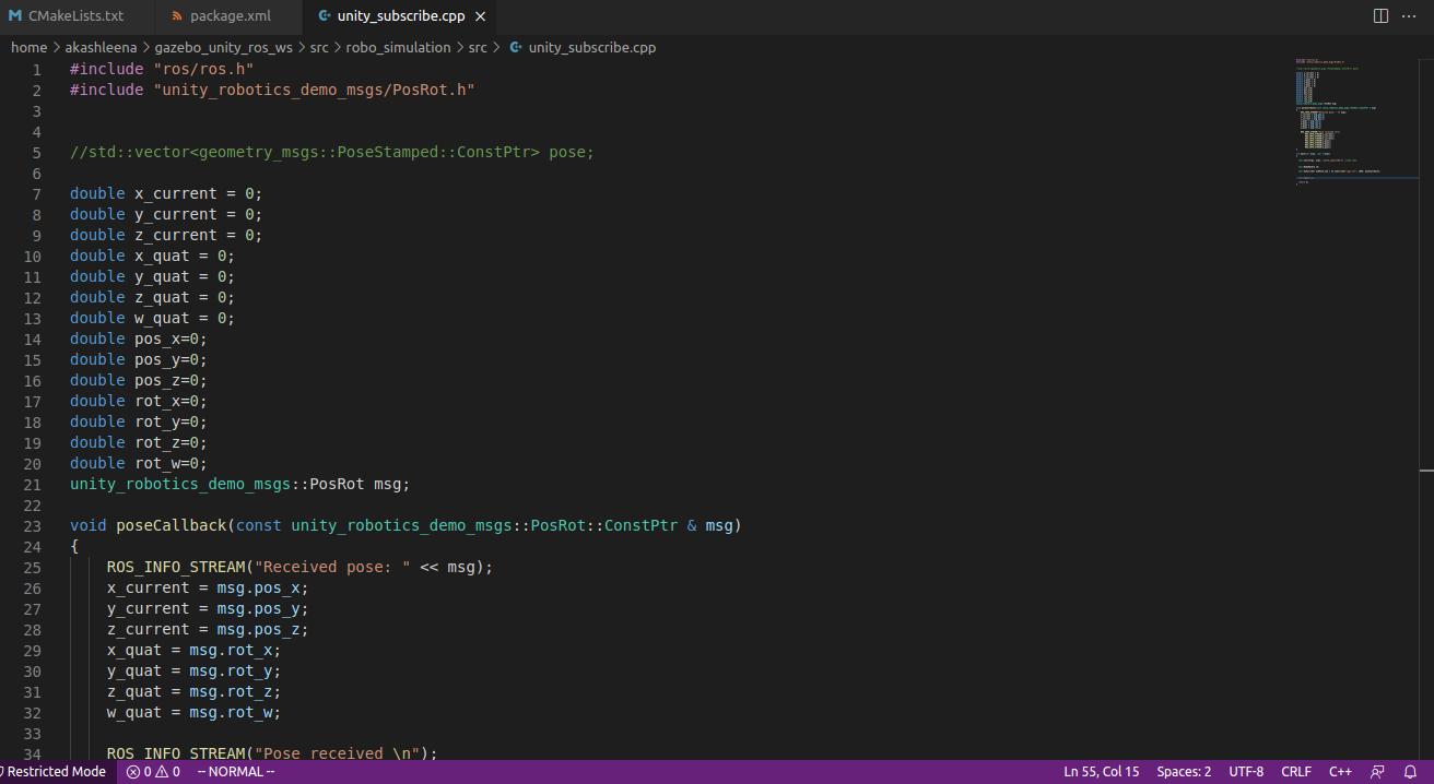 Basic Error found while running ROS node to subscribe to topic /pos_rot published by Unity ...