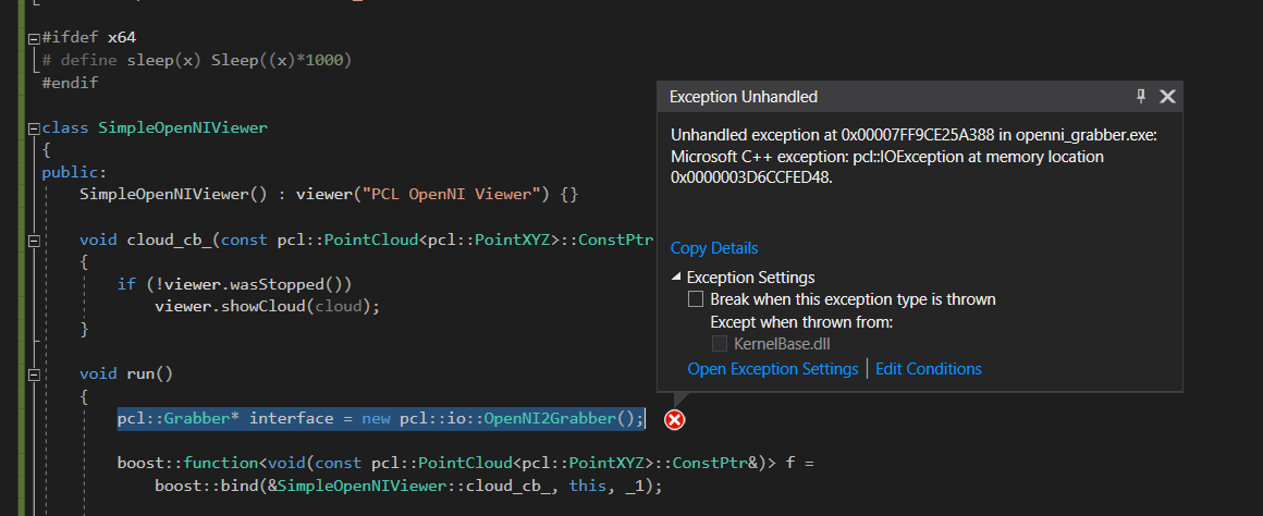 When I use the function new pcl::io::OpenNI2Grabber(); An exception ...