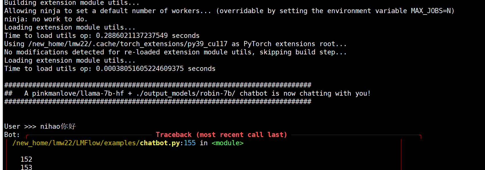 运行./scripts/run_chatbot.sh pinkmanlove/llama-7b-hf ./output_models/robin-7b/后，对话出现错误 · Issue ...