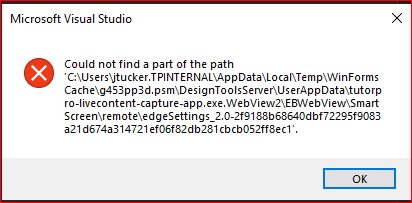 Design time error - Could not find a part of the path 'C:\Users\.. etc ...