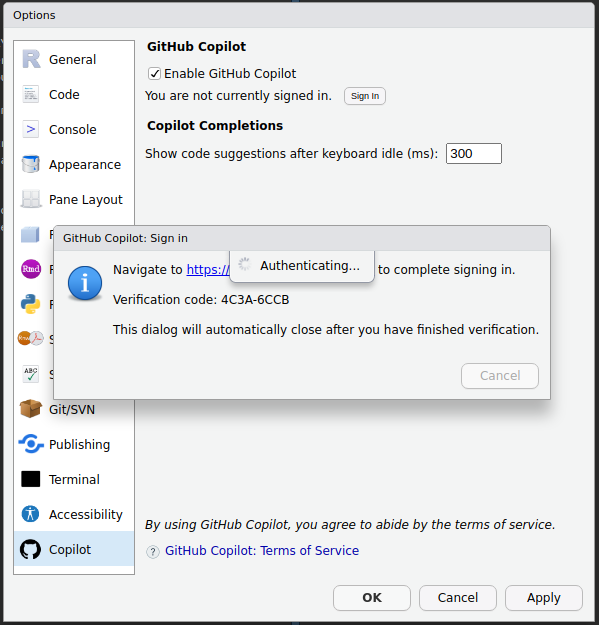No way to cancel GitHub Copilot Auth Flow · Issue #13312 · rstudio/rstudio · GitHub