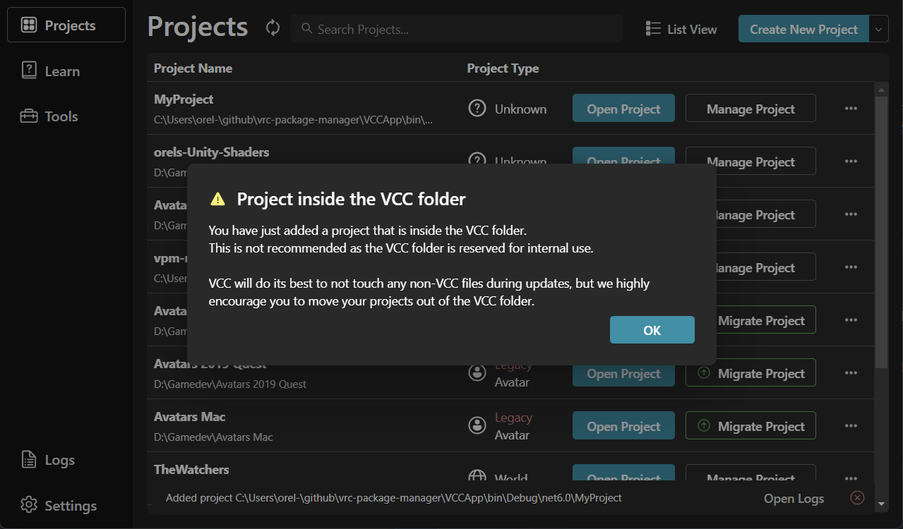 [FEATURE] Warn if project folder is in VCC's application directory ...