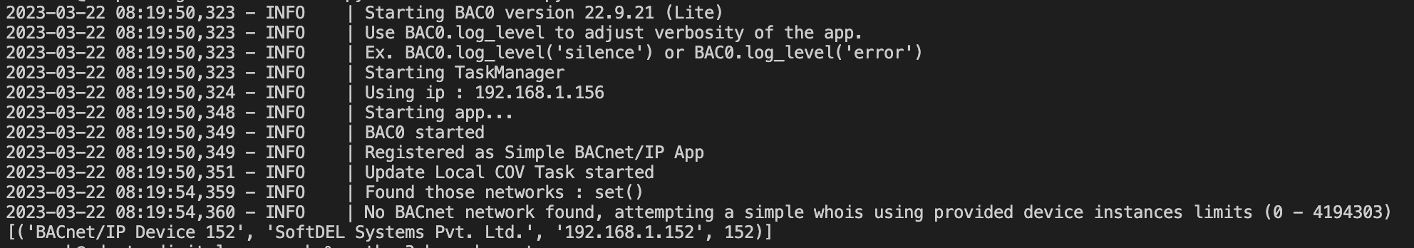 BAC0 can only discover virtual device from BOSS a Softdel BACner/IP ...