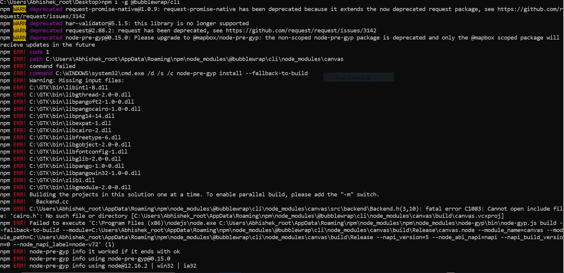 [Windows] Error on installing buublewrap when using "npm install -g ...