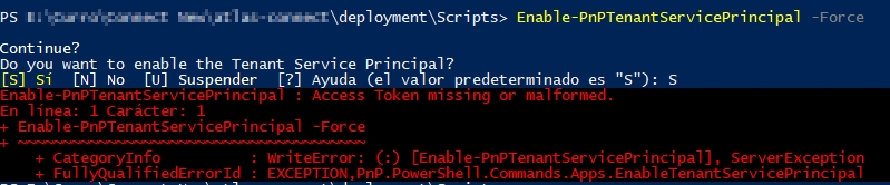 Bug report: 'm365 spo serviceprincipal set' command throws 'access token missing or malformed ...