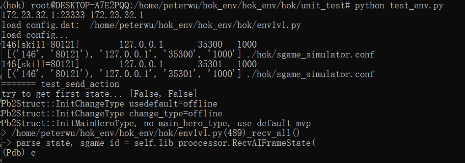 The program is stuck at "parse_state, sgame_id = self.lib_proccessor ...