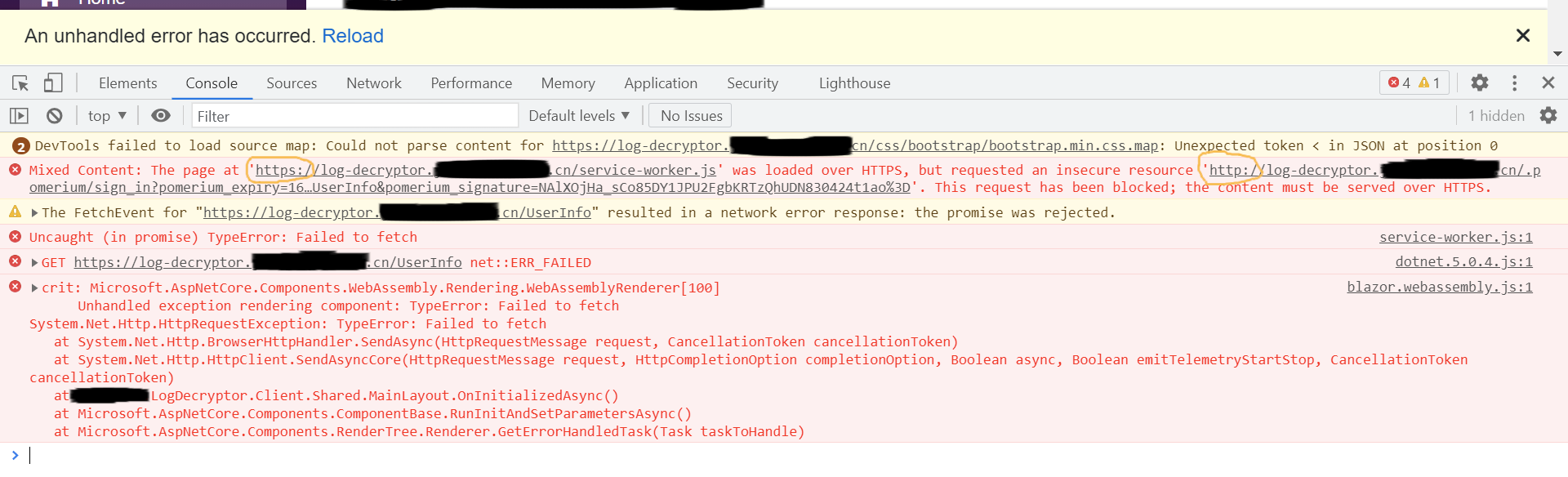 The page at 'https://' was loaded over HTTPS, but requested an insecure ...