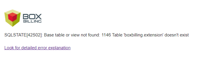 Sqlstate 42s02 Base Table Or View Not Found 1146 Table Boxbillingextension Doesnt Exist 