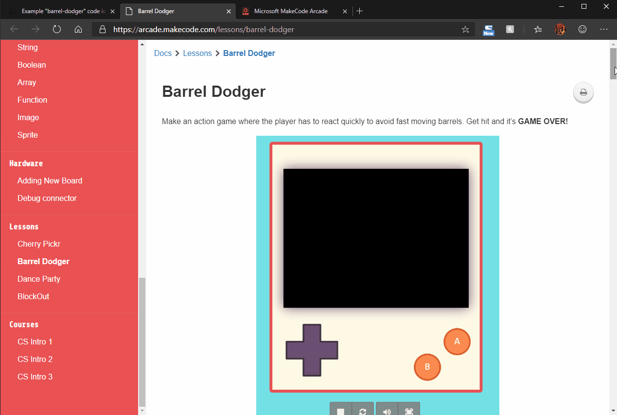 Example "barrel-dodger" code issue · Issue #1393 · microsoft/pxt-arcade · GitHub