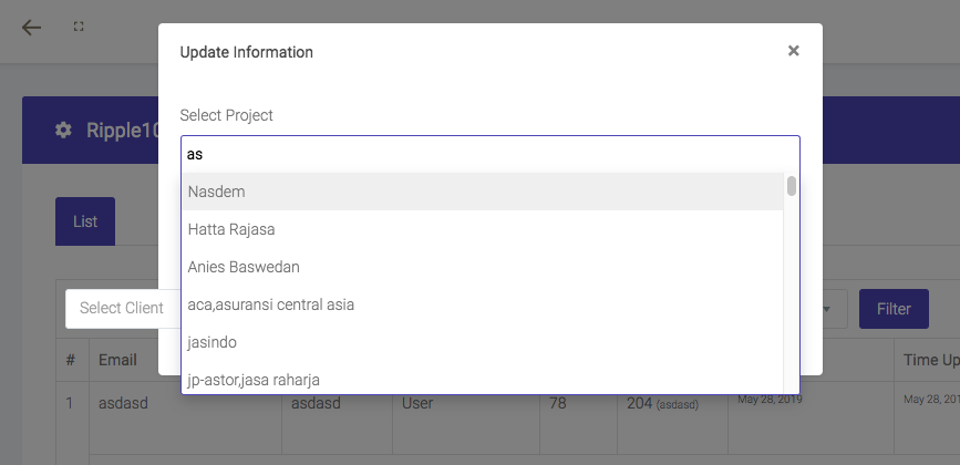 The selector appears on the front when the modals are displayed ...