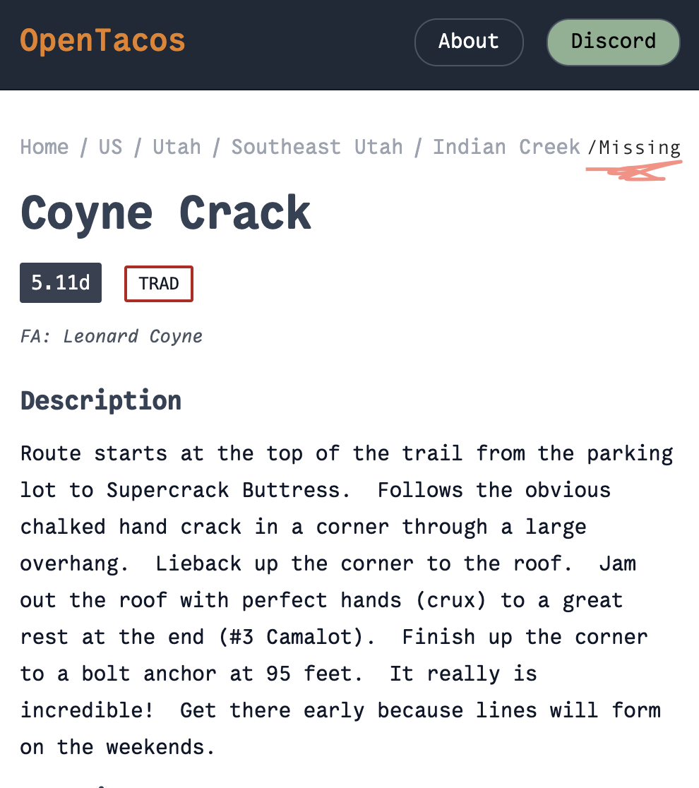 Missing crag/wall name in climb page breadcrumbs · Issue #214 · OpenBeta/open-tacos · GitHub