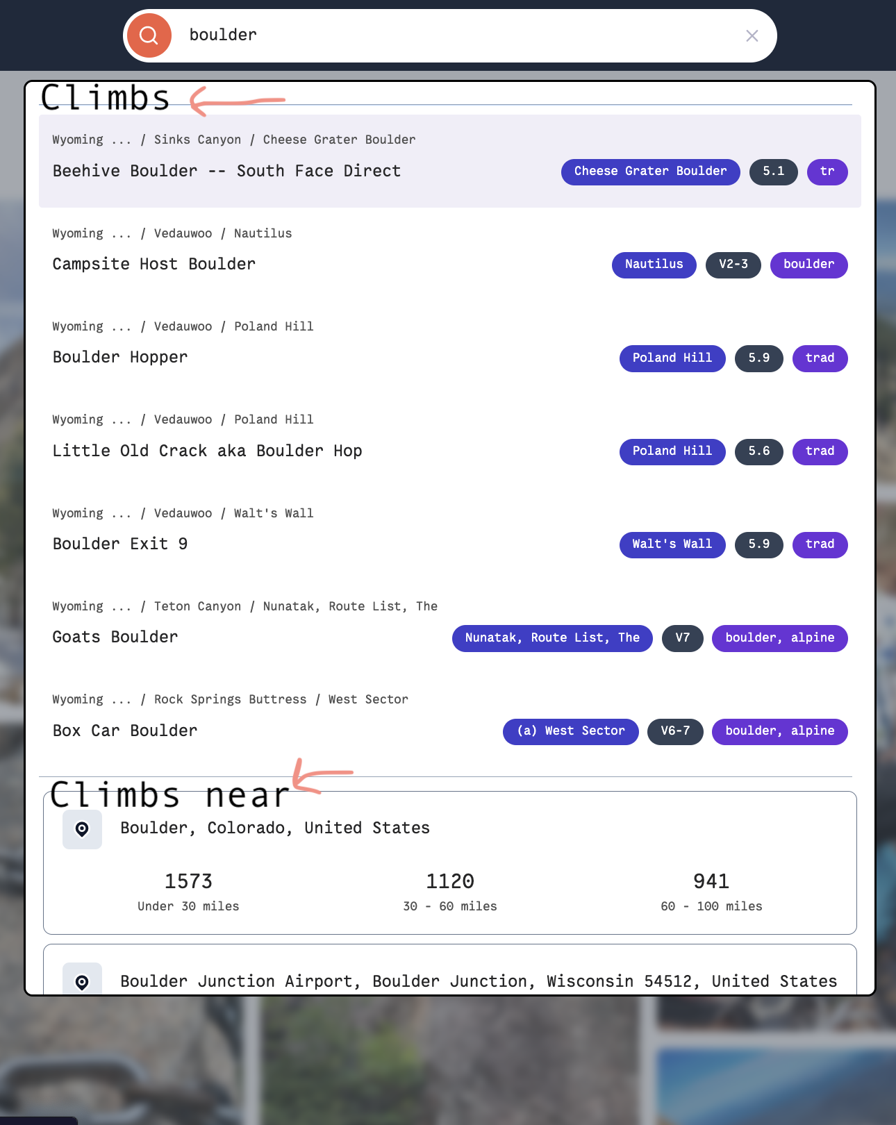 Add section headers to search result pane · Issue #438 · OpenBeta/open-tacos · GitHub