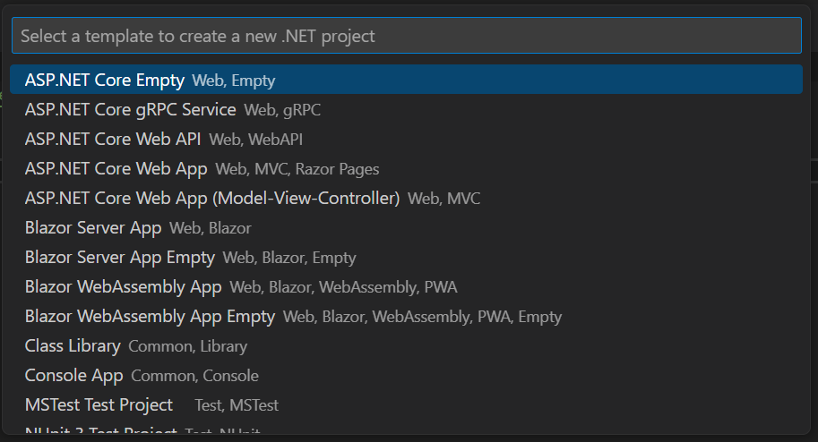 [SUGGESTION] Filter Project Template List · Issue #261 · microsoft/vscode-dotnettools · GitHub
