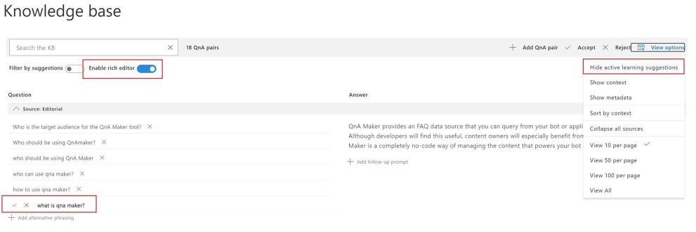 "Show active learning suggestions" button locked in qnamaker.ai - Microsoft Q&A