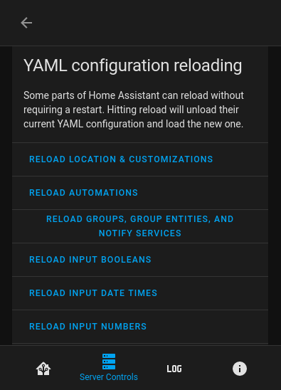 Configuration, Server Controls, YAML configuration reloading the option to reload Groups, Group ...