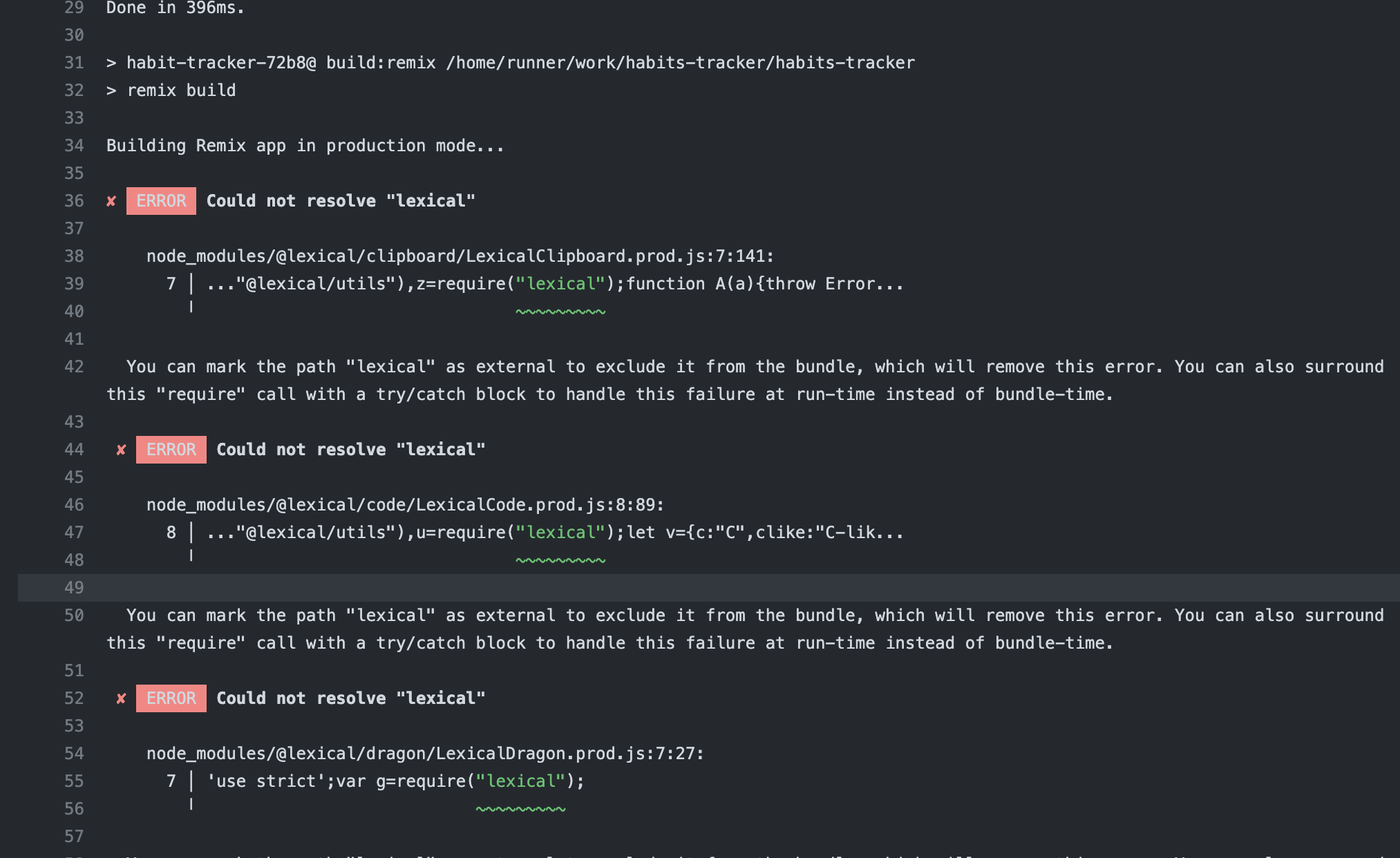 Bug: Build failure in remix github action · Issue #3653 · facebook/lexical · GitHub