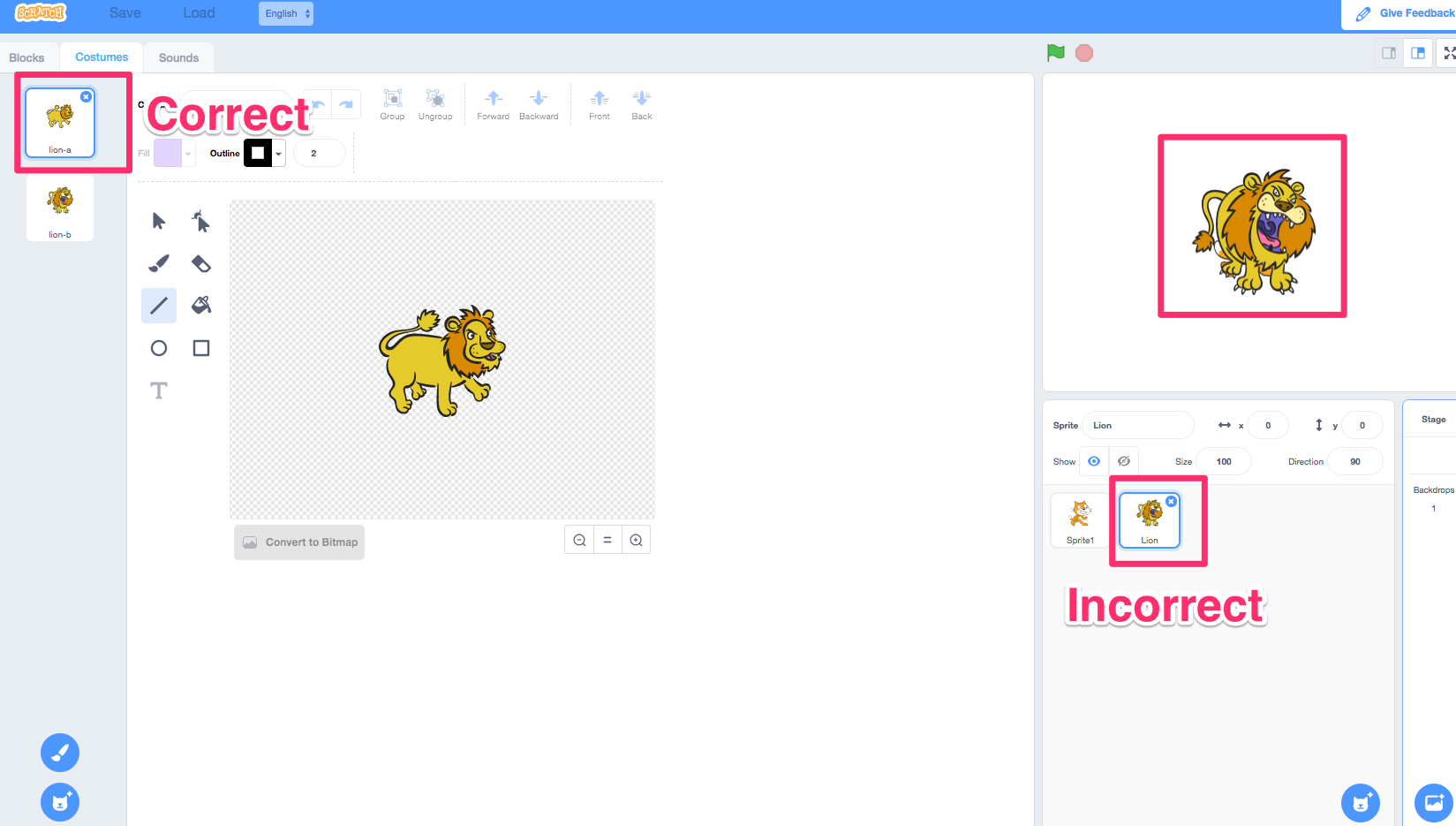 Clicking On A Sprite Should Default To The First Costume Below The Stage · Issue 1473