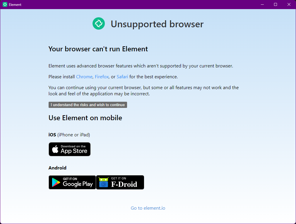 "Your browser can't run Element" after most recent update · Issue #24284 · element-hq/element ...