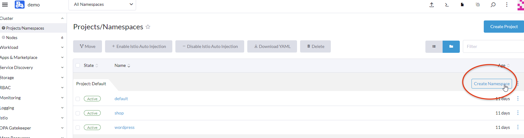 Create namespace button is missing in the default view of projects/namespaces page · Issue #4932 ...