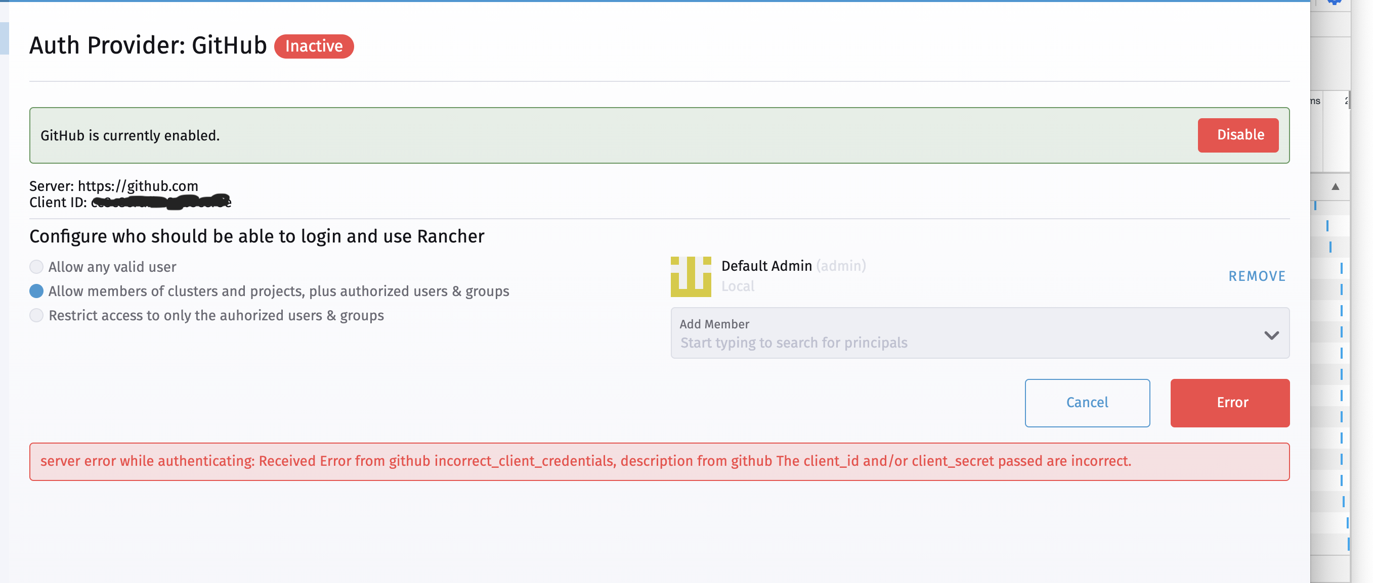 Dashboard github auth is activated for incorrect credentials · Issue ...