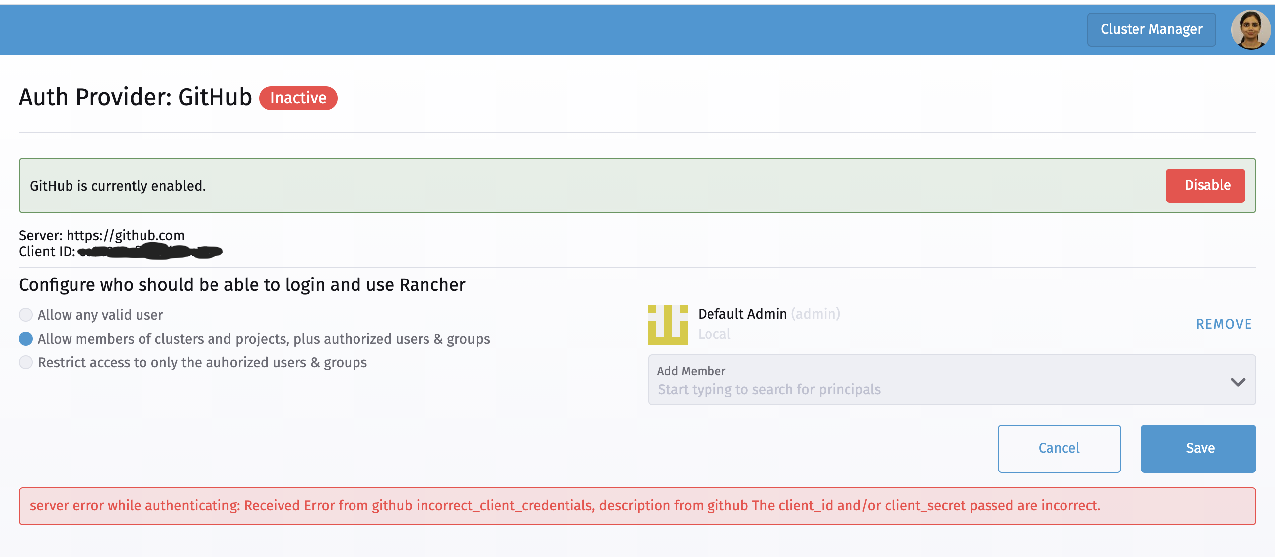Dashboard github auth is activated for incorrect credentials · Issue #2197 · rancher/dashboard ...