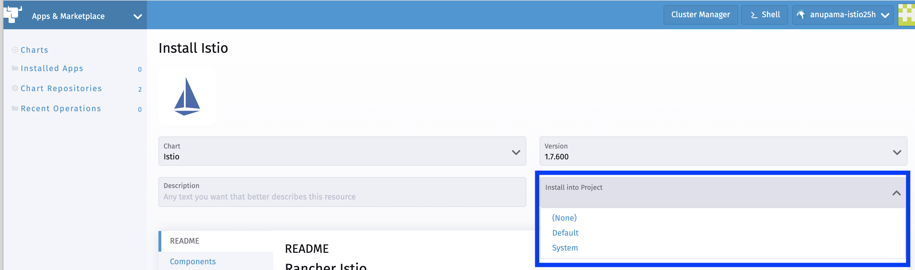 Istio dashboard: Uninstalling istio and re-installing istio missing the install into project ...