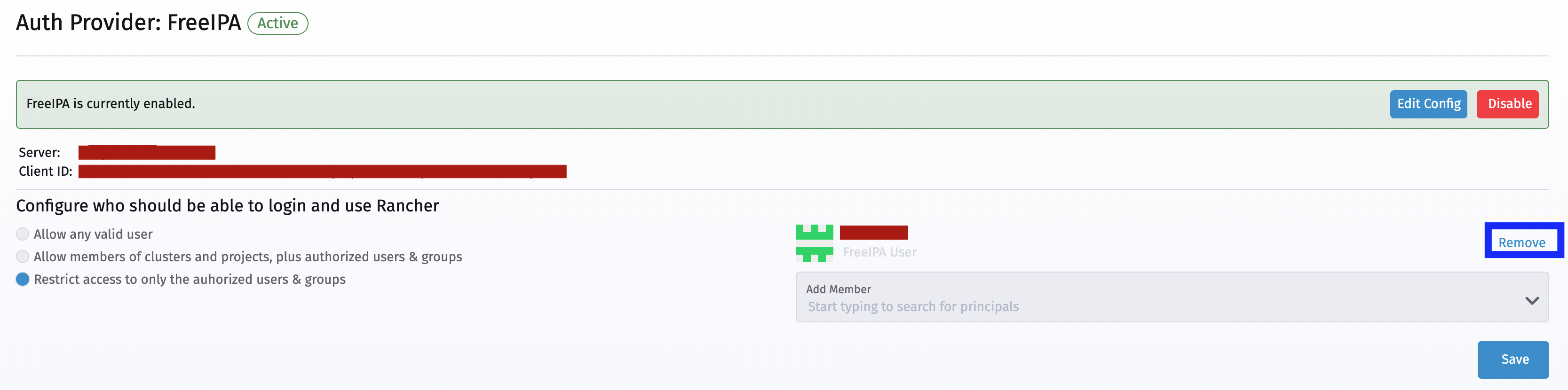 Dashboard auth [OpenLDAP, AD, FreeIPA] Remove option should be greyed out for admin in "Restrict ...