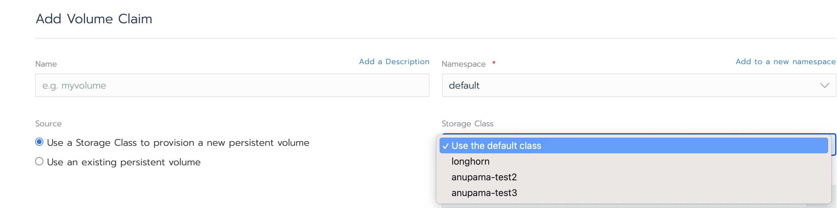 Dashboard persistent volume claim for storage class missing the "Use the default class" · Issue ...