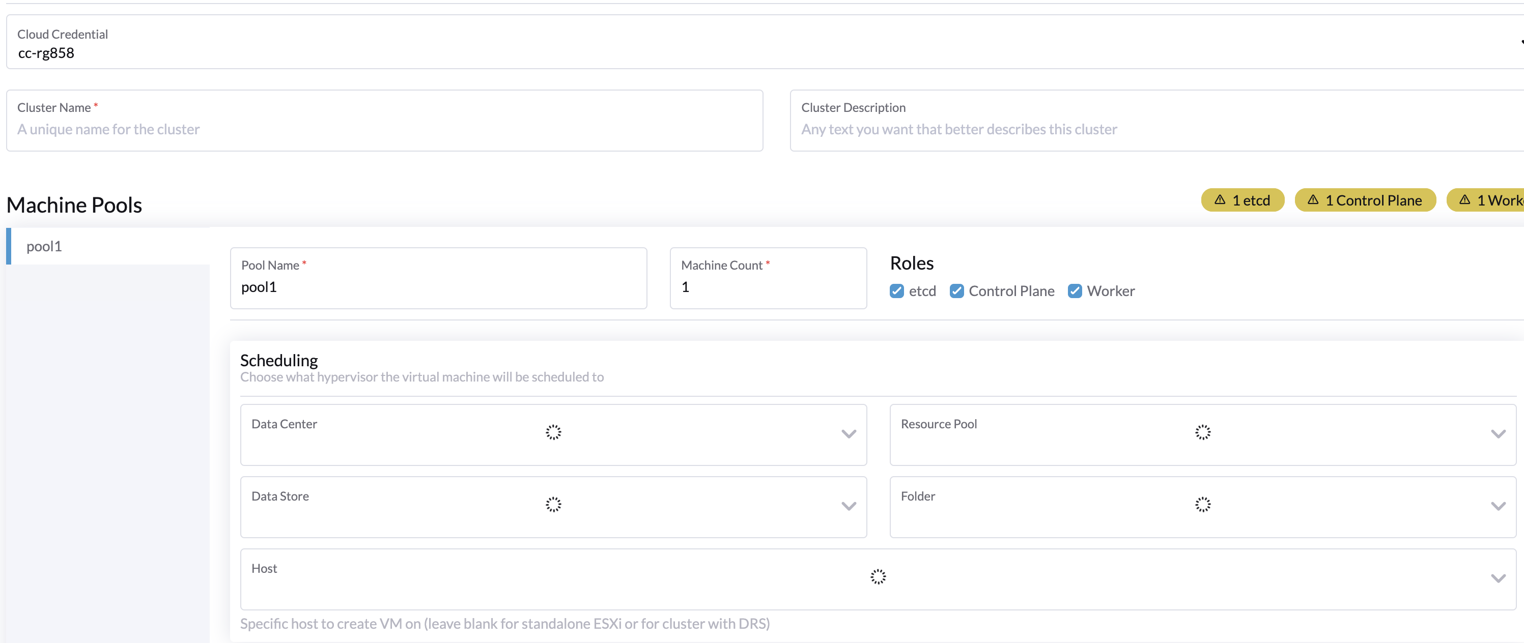 rke2 vsphere cluster creation is stuck in loading details for Dataceneter, resource pool etc for ...