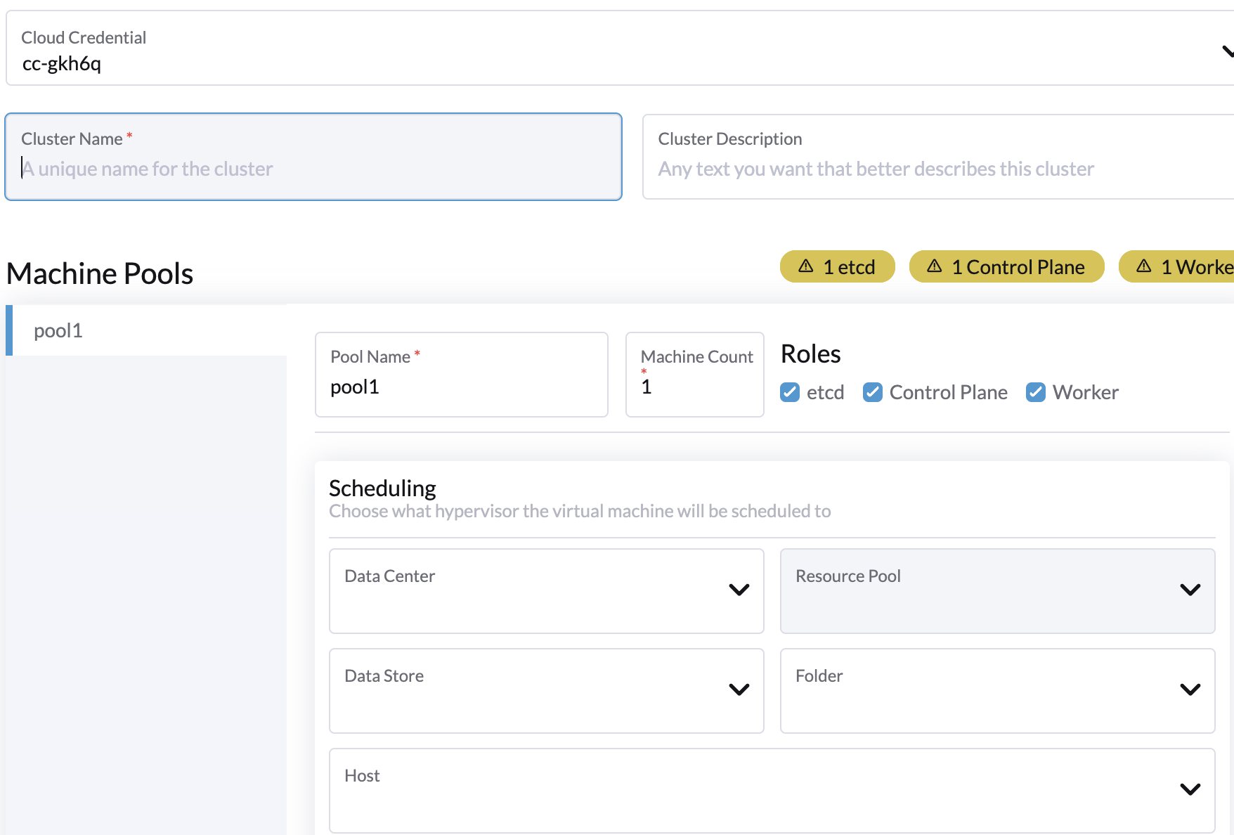 rke2 vsphere cluster creation is stuck in loading details for Dataceneter, resource pool etc for ...