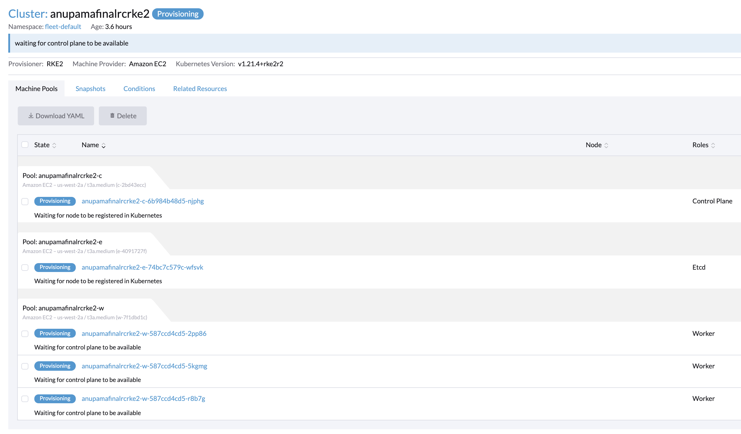AWS rke2 node driver multi-nodes are stuck in provisioning in cluster management page with only ...