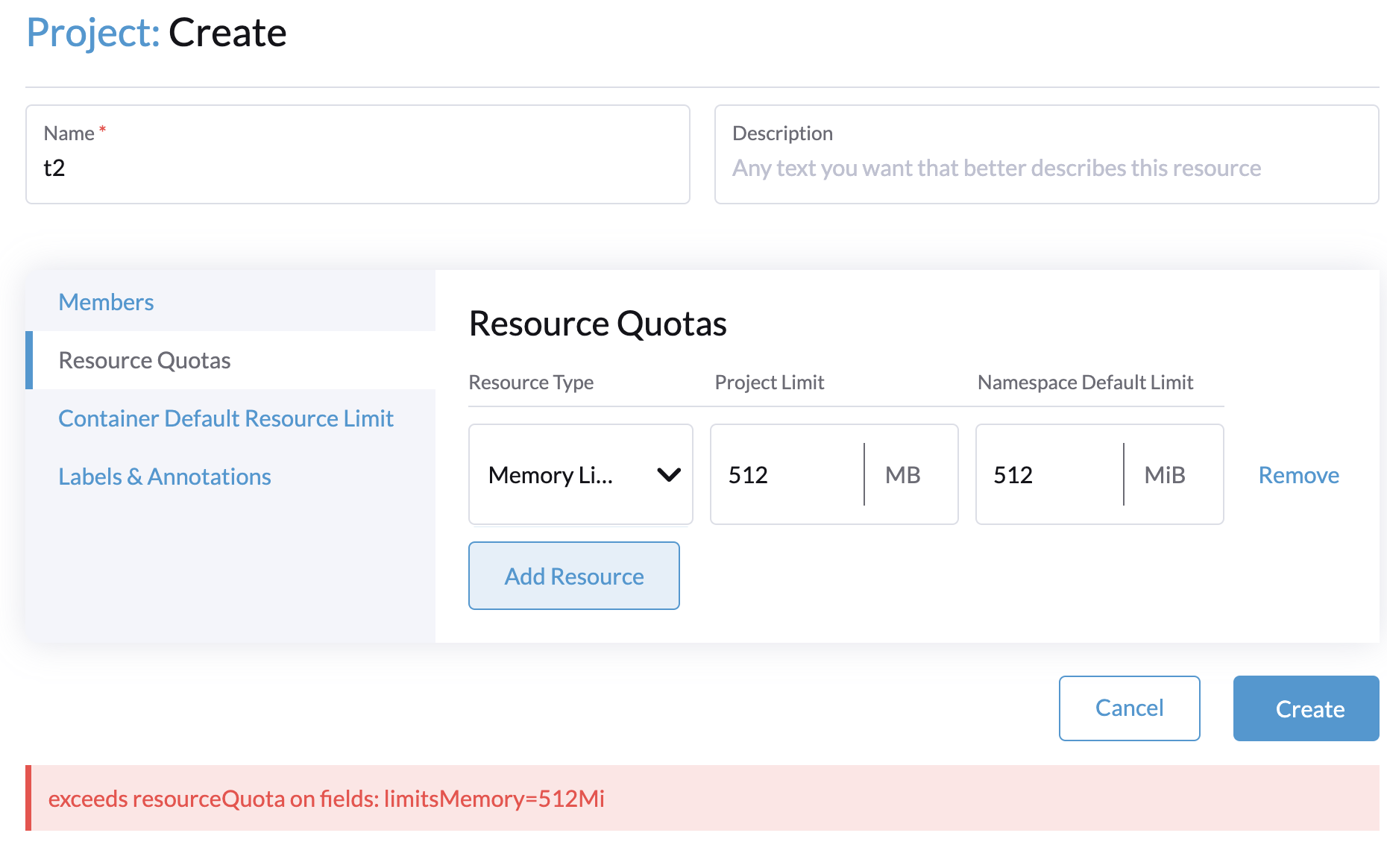 Creating a project with resource quota set errors with exceeds resourceQuota on fields · Issue ...